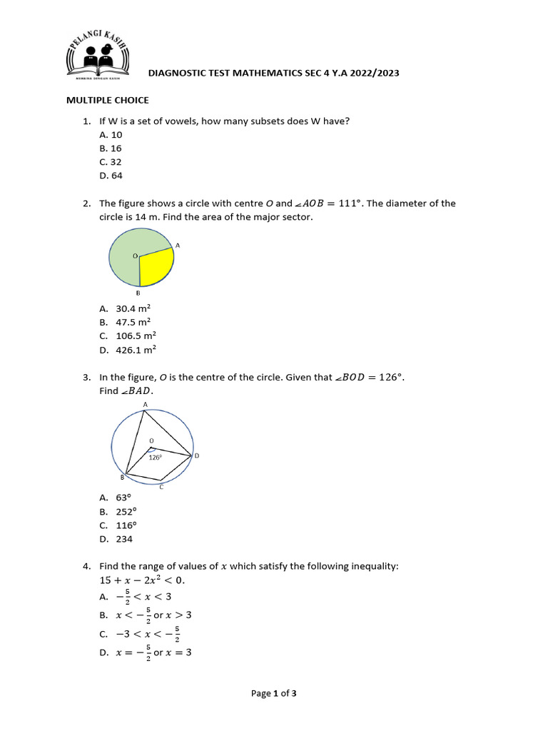 Diagnostic Test Mathematics Sec 4 | PDF | Mathematical Concepts ...