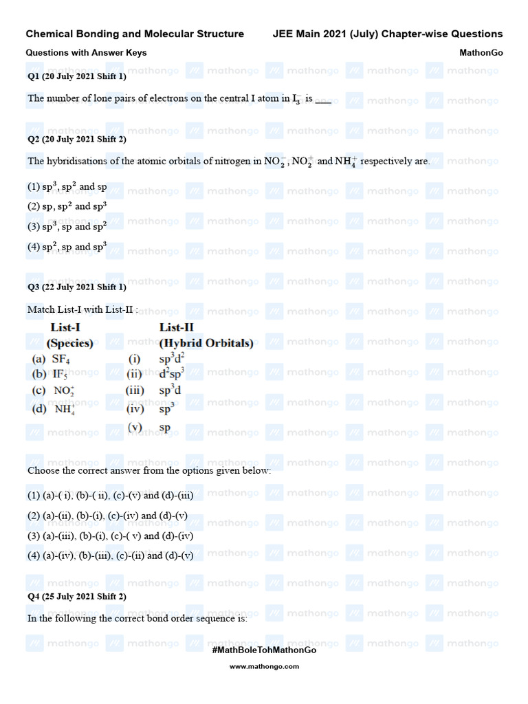 Chemical Bonding and Molecular Structure - JEE Main 2021 July Chapter ...