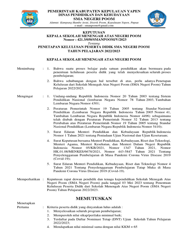 SK Kelulusan SMA Negeri Poom 2023 | PDF