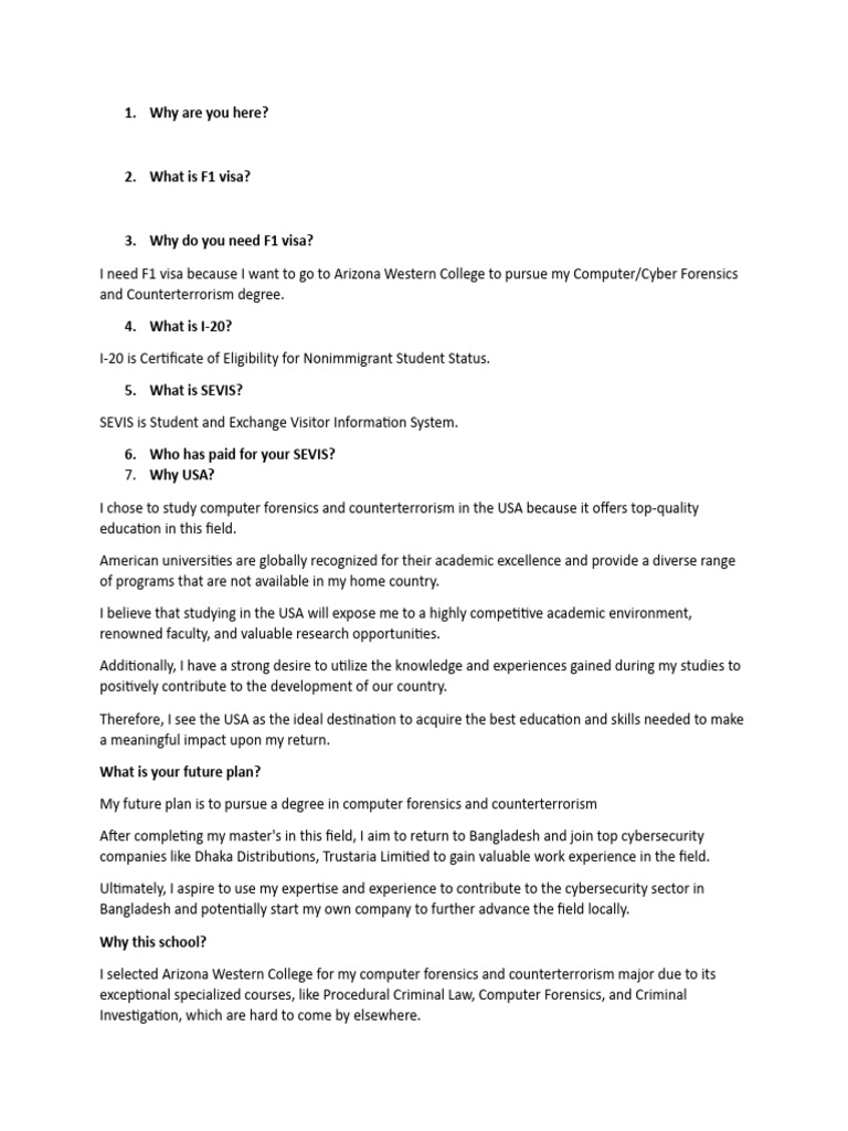 USA F1 Visa Interview FAQ & Answers | PDF | Computer Forensics | Arizona State University