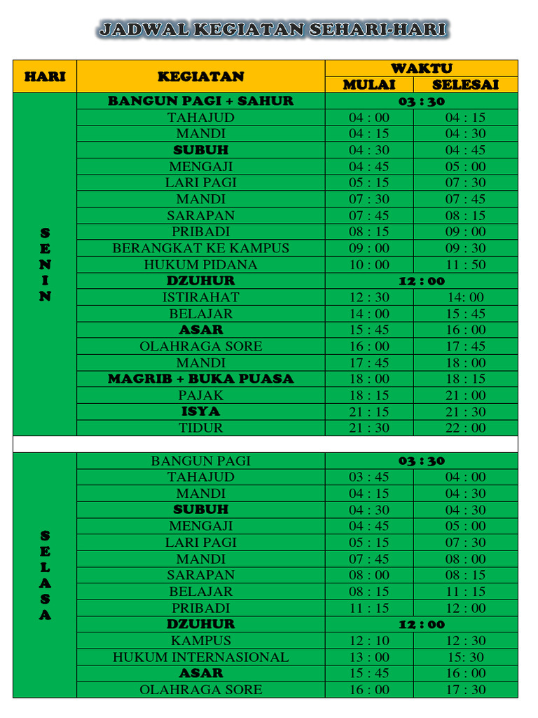 Jadwal Kegiatan Harian Terperinci | PDF