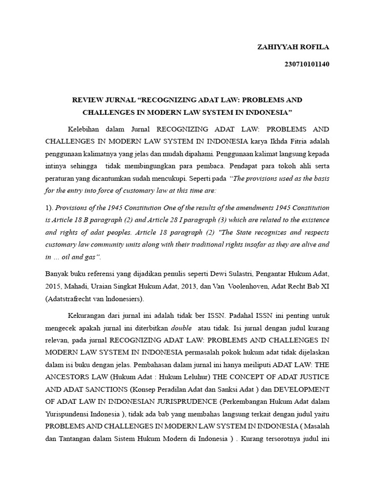 Review Jurnal Hukum Adat Recognizing Adat Law Problems and Challenges in Modern Law System in ...