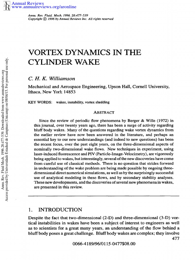 1996 Williamson Vortex Dynamics in The Cylinder Wake Ann Review | PDF | Vortices | Fluid Dynamics