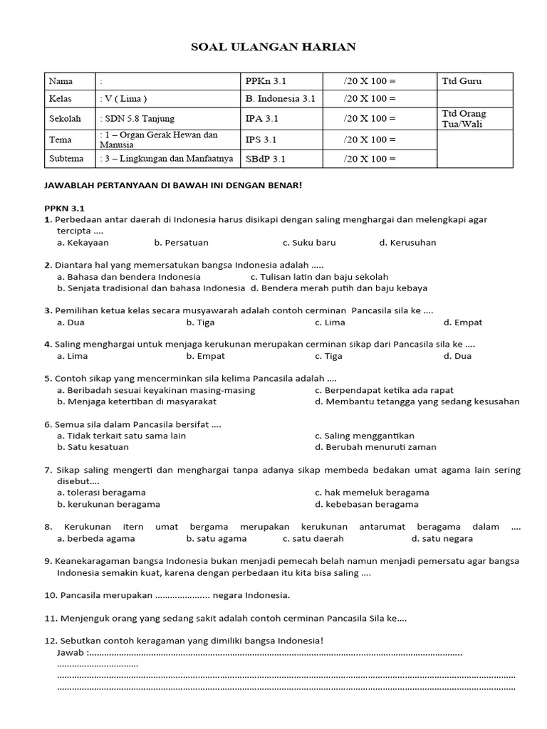 SOAL ULANGAN HARIAN Tema 1 St3 | PDF