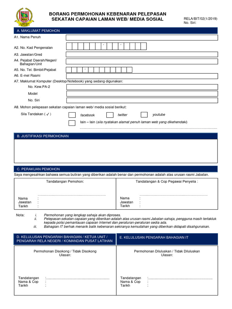 Borang Permohonan Kebenaran Pelepasan Sekatan Media Sosial Internet RELA BIT 0201 2019 | PDF