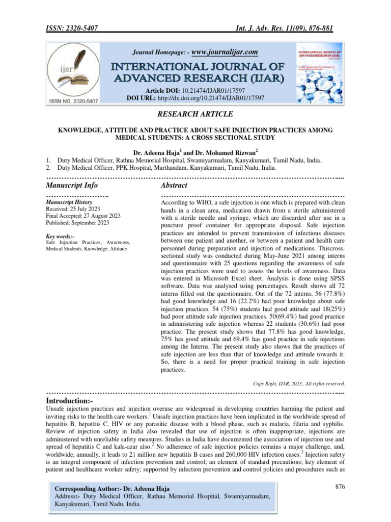 Knowledge Attitude And Practice About Safe Injection Practices Among