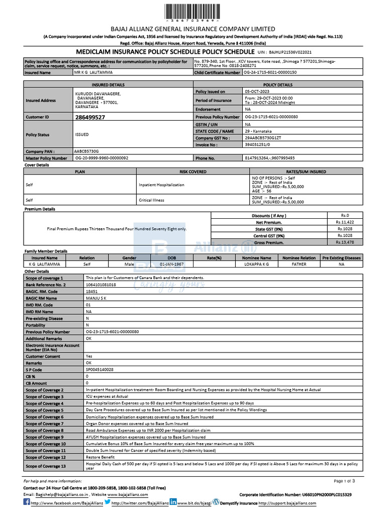 Bjaz GC Policy Schedule | PDF | Insurance | Cheque