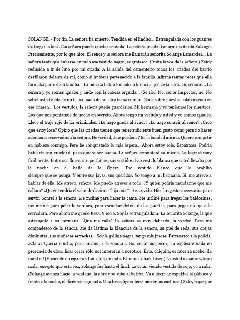 Monologo Solange - Las Criadas | PDF | Novela negra, policíaca y suspenso