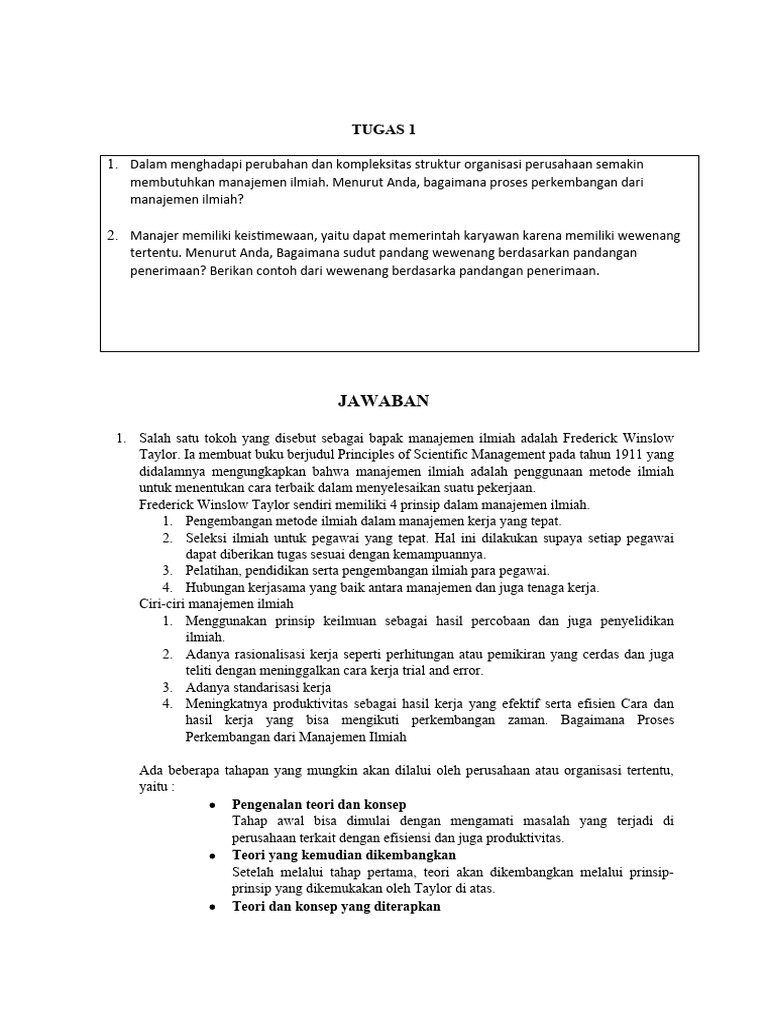 Lembar Jawaban Tugas 1 Manajemen | PDF | Karier & Perkembangan | Sains & Matematika
