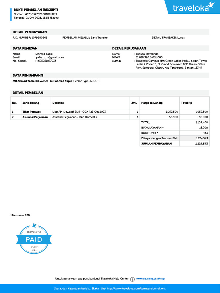 Receipt Traveloka Pesawat | PDF