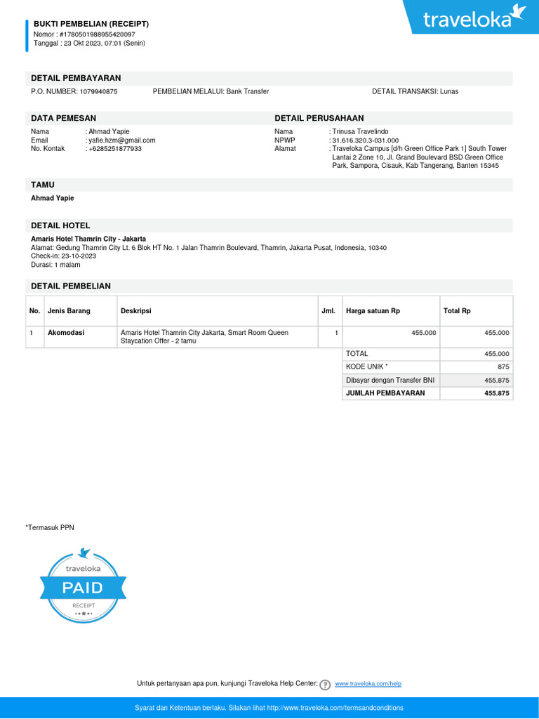 Receipt Hotel Traveloka | PDF