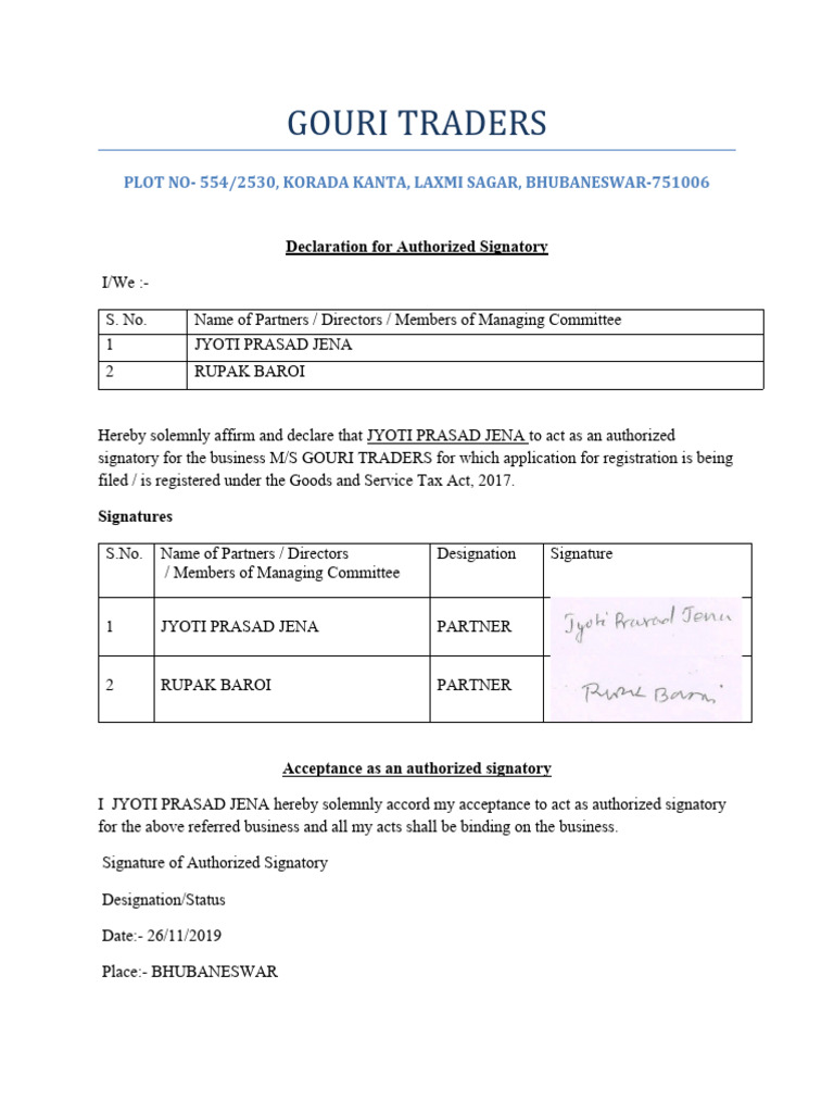 Declaration For Authorised Signatory | PDF