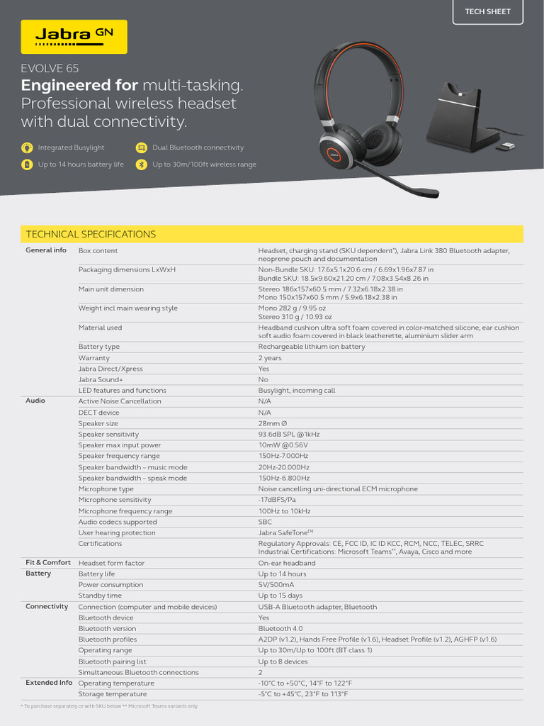EN Jabra Evolve 65 Tech Sheet A4 140823 WEB | PDF | Bluetooth | Microphone