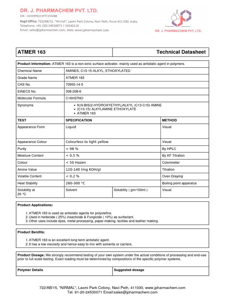TDS - Atmer 163 | PDF | Amine | Chemical Substances