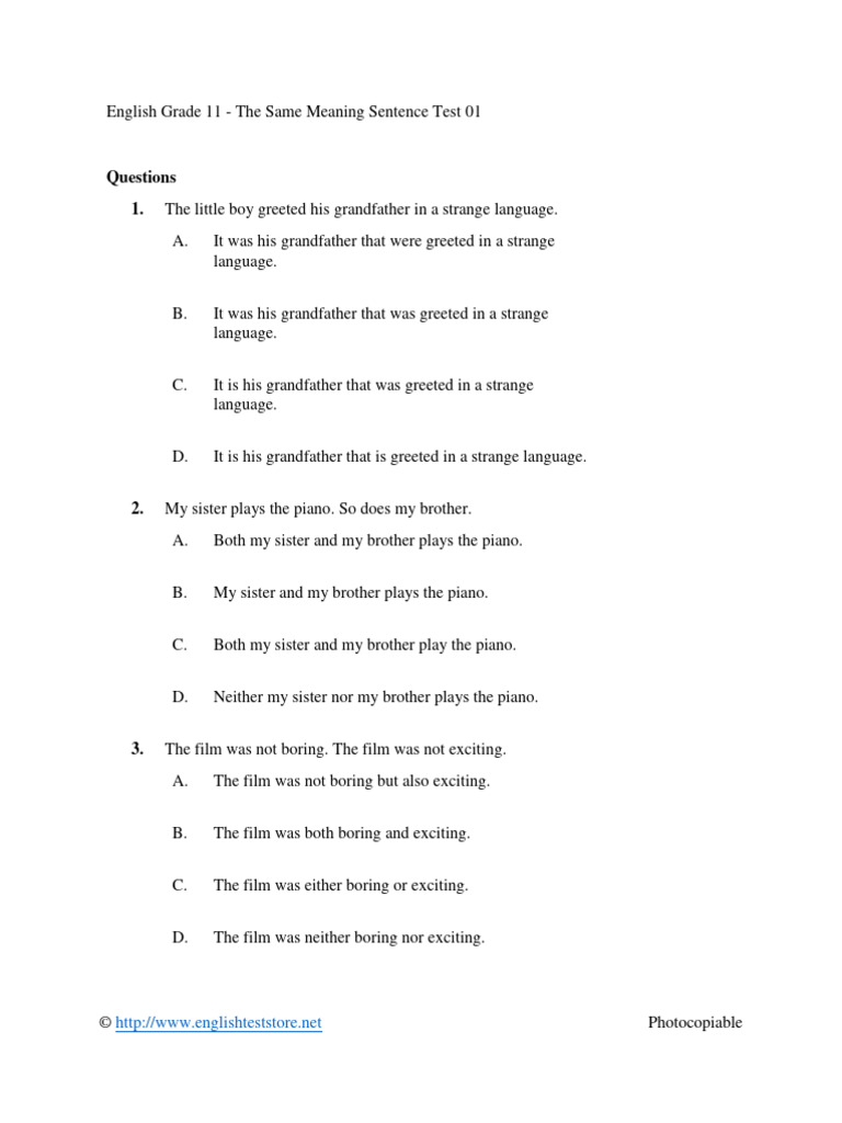 Grade 11 Same Meaning Sentence Test | PDF | Language Arts & Discipline