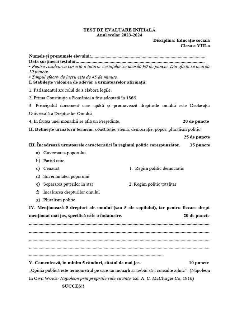 Test Initial Clasa A 8 A | PDF