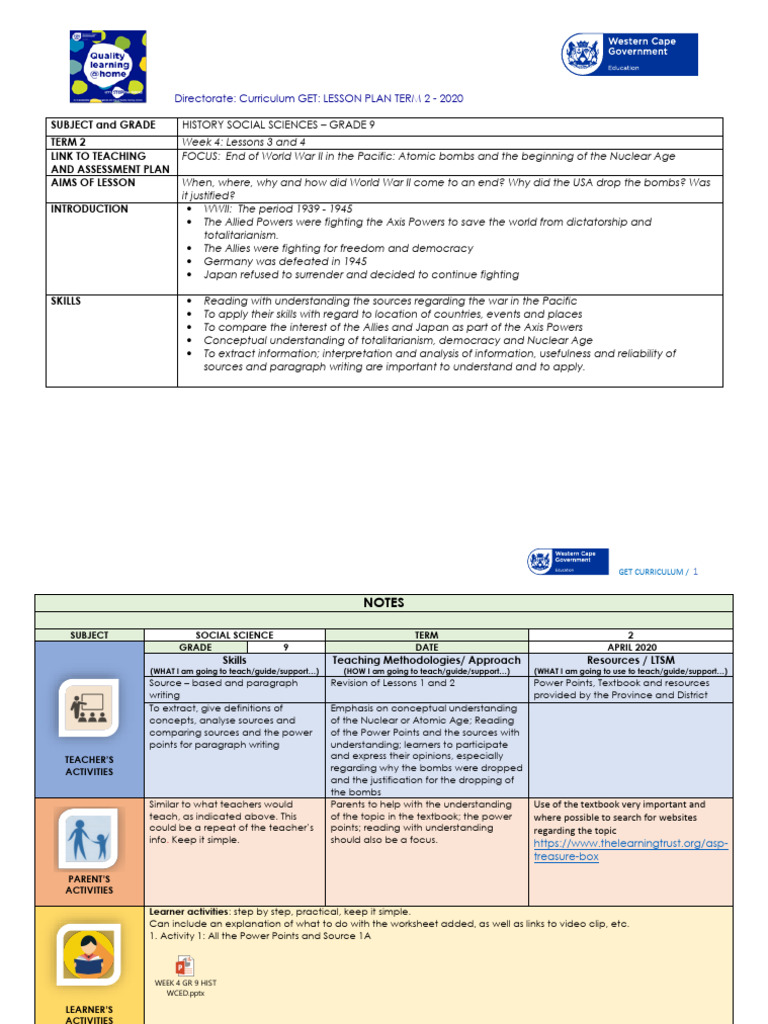 Lesson Plan GET SP Grade 9 Social Sciences History Term 2 Week 3-4 | PDF