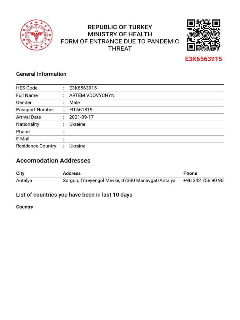 Turkey Pandemic Entry Form Details | PDF