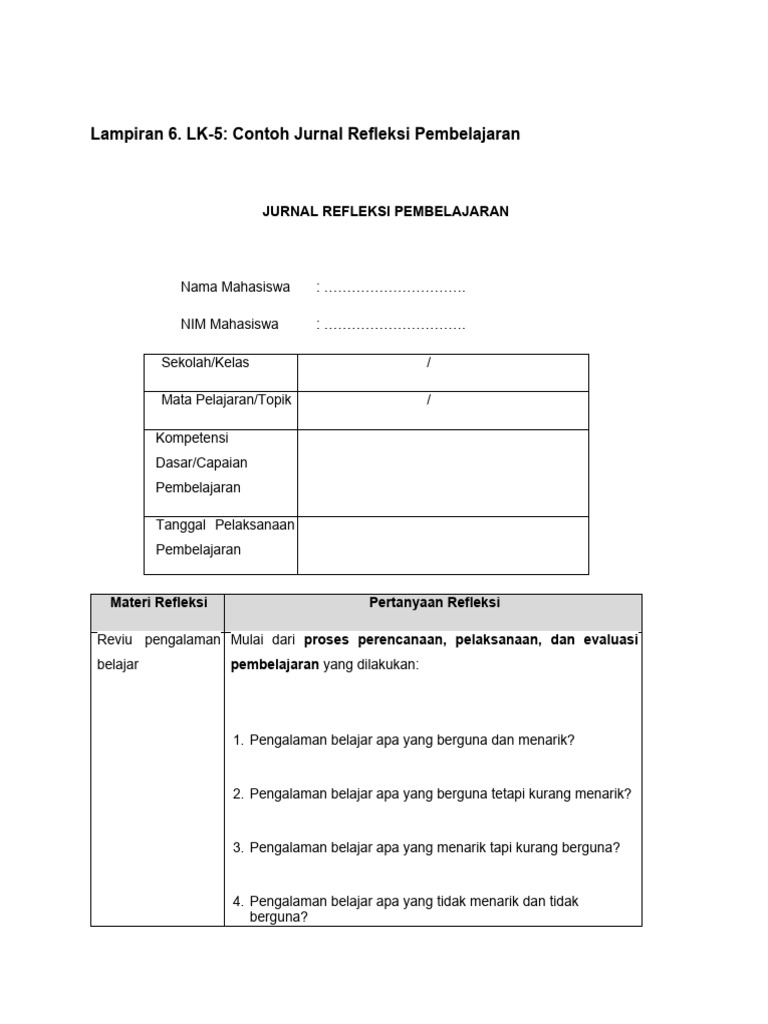 Lampiran 6. LK-5 Contoh Jurnal Refleksi Pembelajaran | PDF