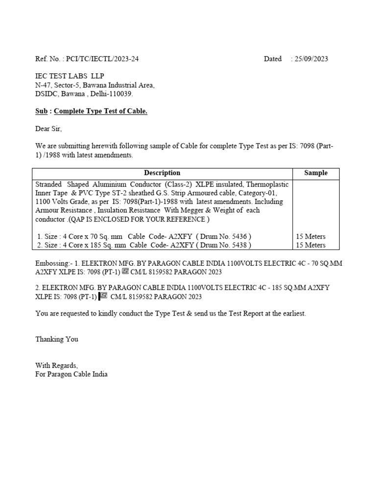 Type Test Letter | PDF | Electrical Conductor | Wire