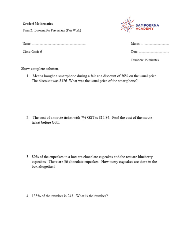 g6 Percentage Pair Work | PDF