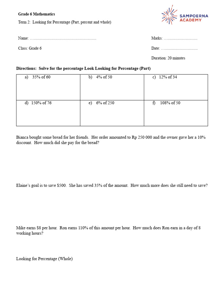 G6 Worksheet On Percentage (Part and Whole) | PDF