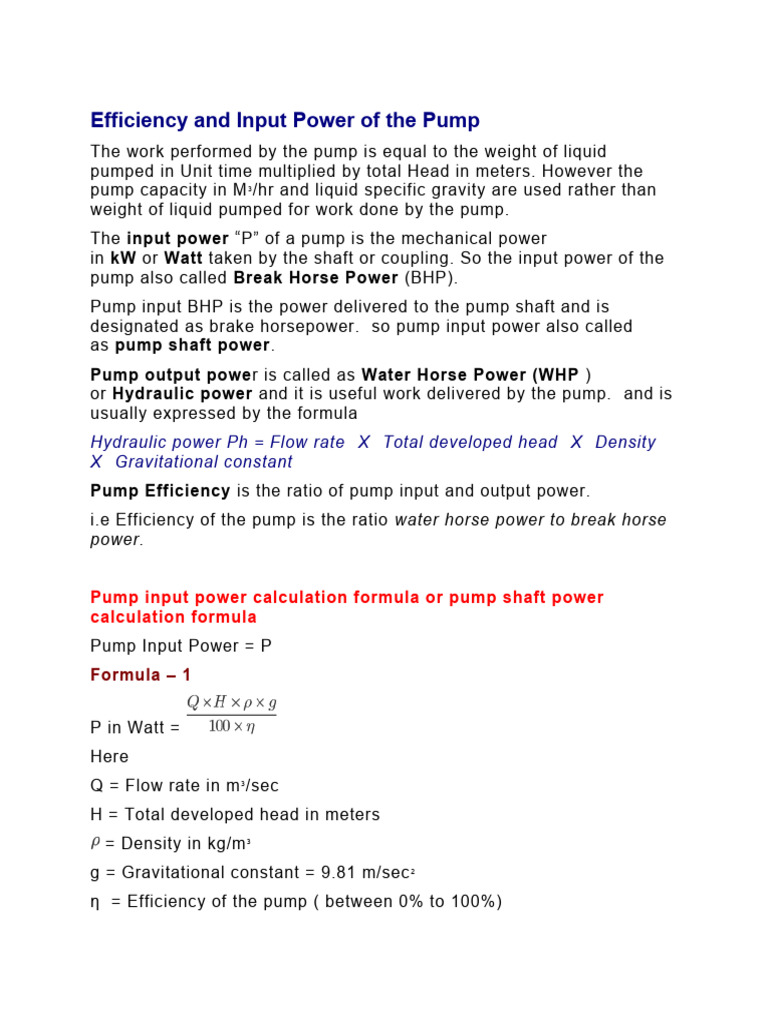 Efficiency and Input Power of The Pump | PDF | Horsepower | Power (Physics)