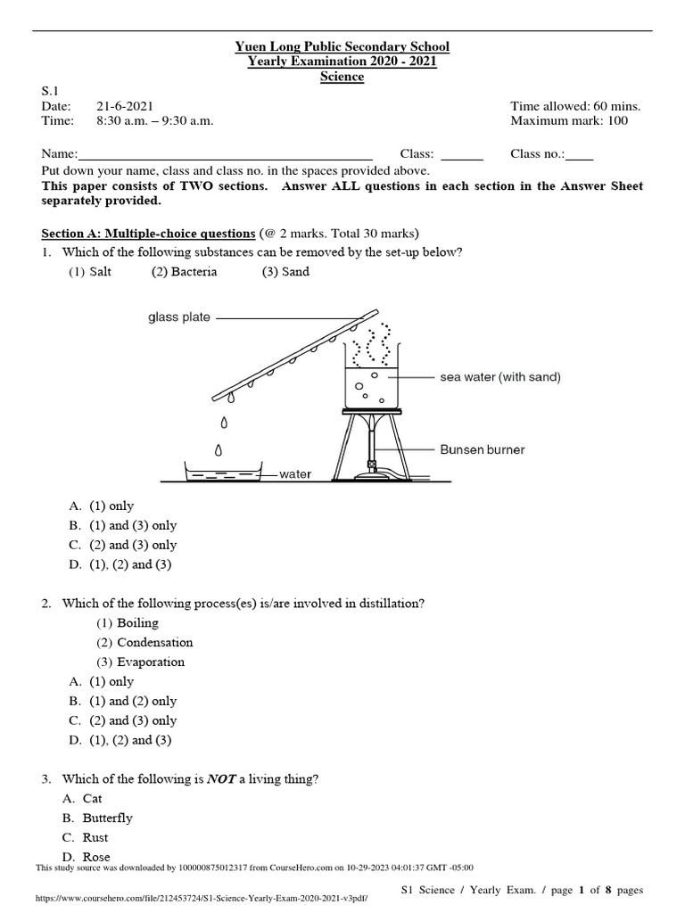 S1 Science Yearly Exam 2020 2021 v3 PDF | PDF | Balloon | Nature