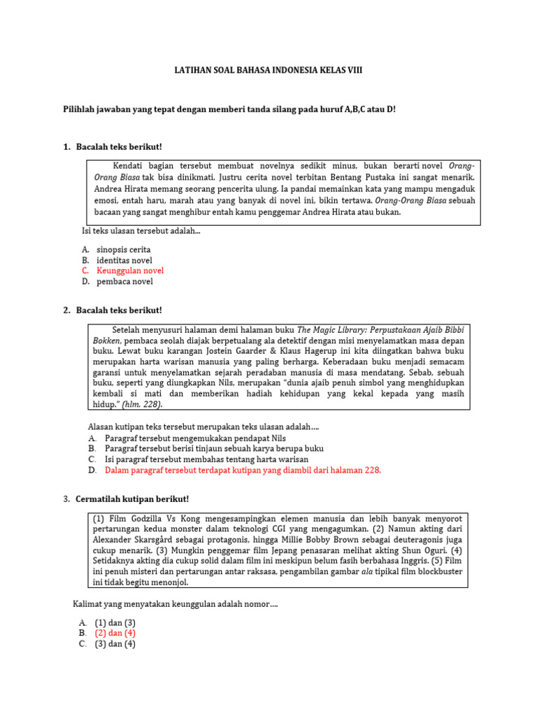 Latihan Soal Bahasa Indonesia Kelas Viii | PDF