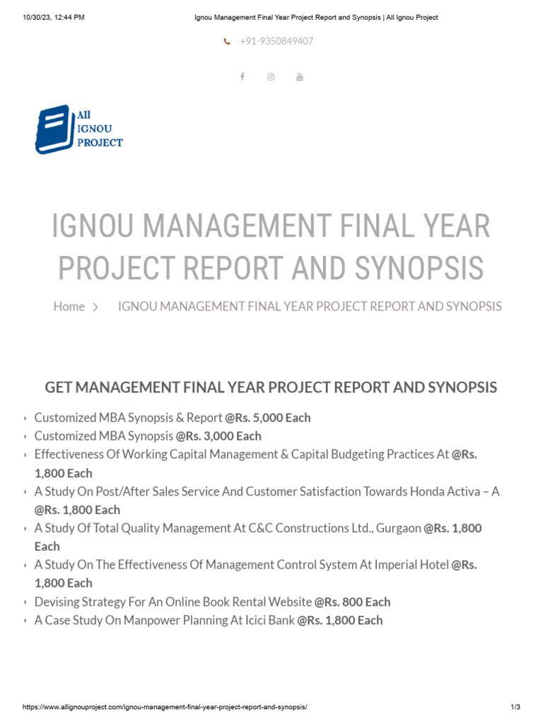 Ignou Management Final Year Project Report and Synopsis | PDF