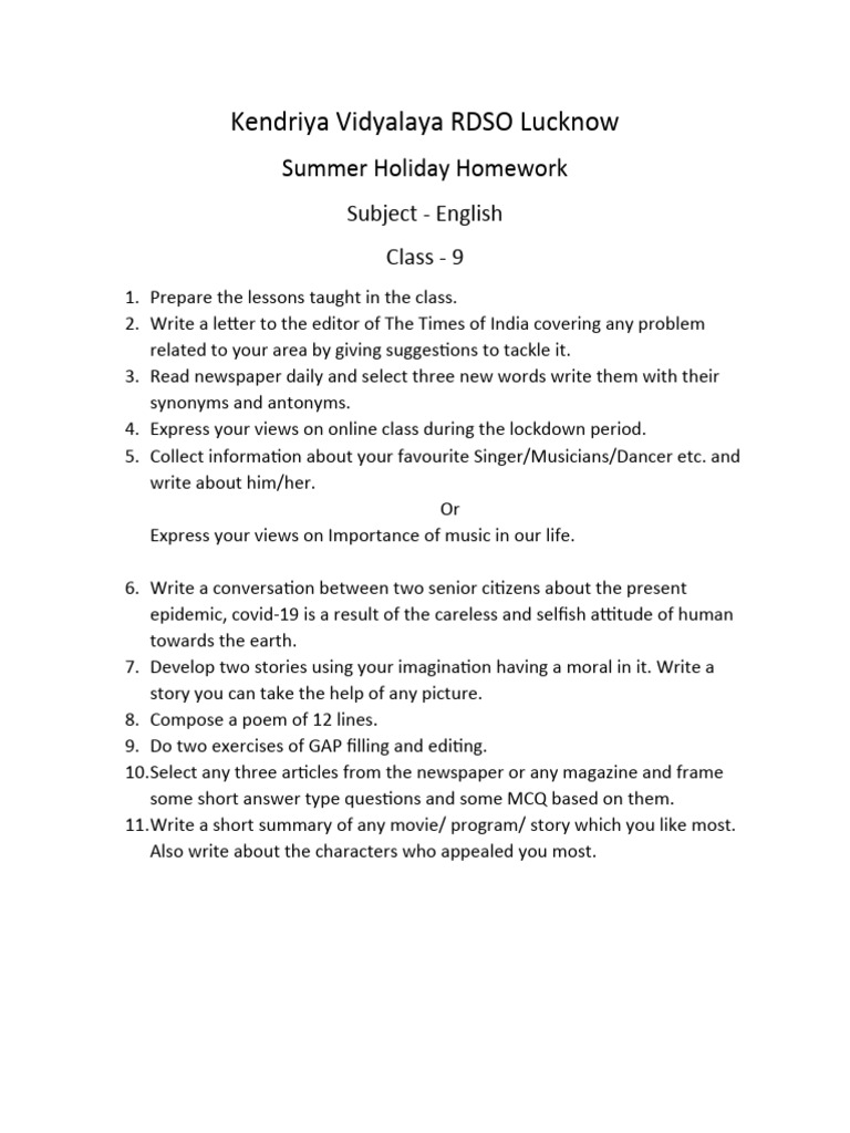 Holiday Homework Class 9 | PDF