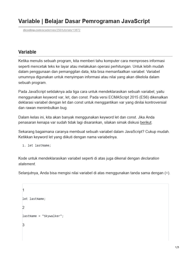 Variable Belajar Dasar Pemrograman JavaScript | PDF Variable Belajar Dasar Pemrograman JavaScript | PDF