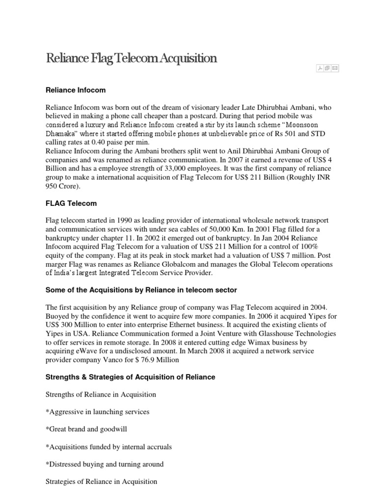 Reliance Flag Telecom Acquisition | PDF | Mergers And Acquisitions ...