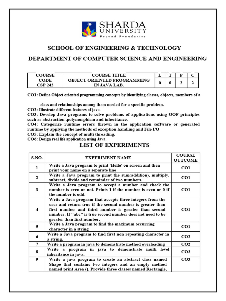 CSP243 - New - Java List of Experiments | PDF | Java (Programming Language) | Inheritance ...