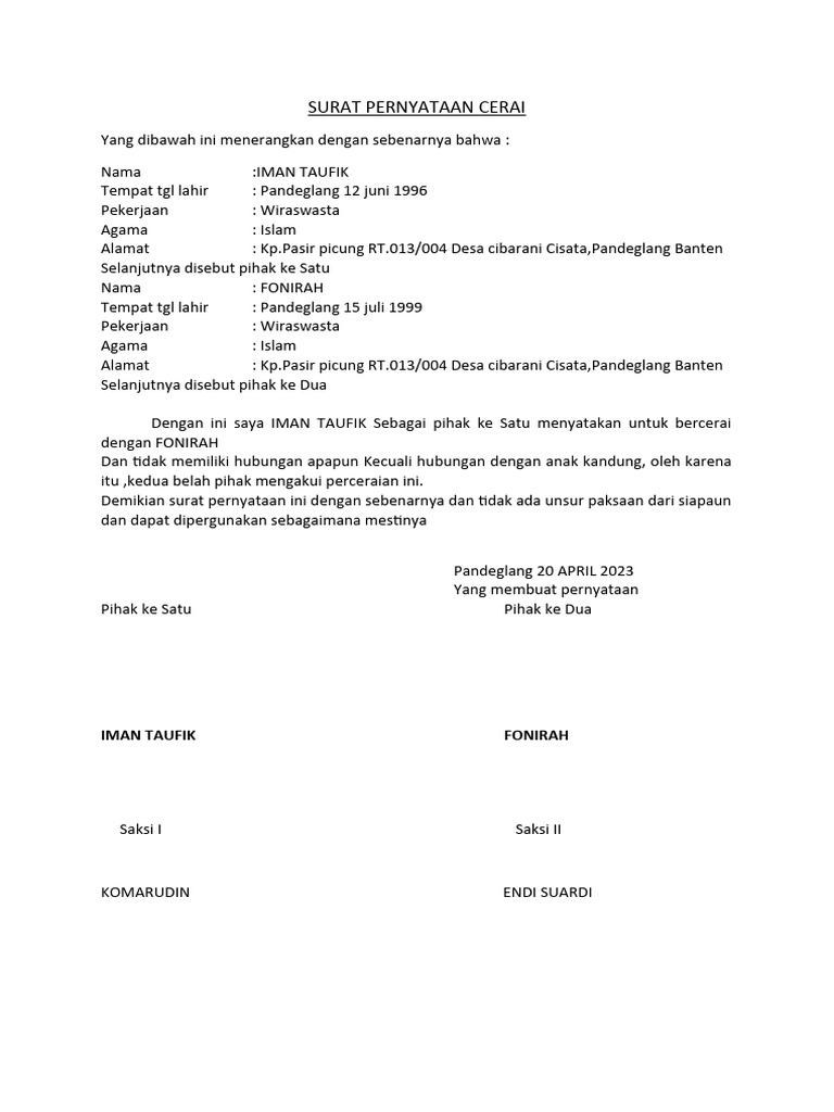 Surat Pernyataan Cerai | PDF