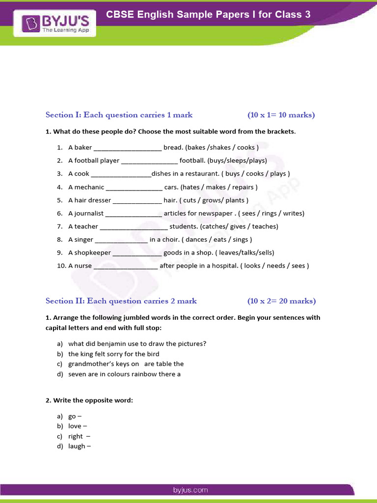 CBSE Sample Paper For Class 3 English Set 2 Er | PDF