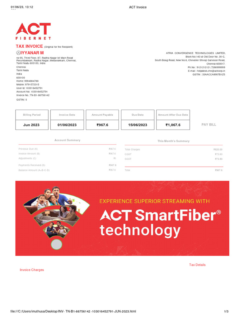 ACT Invoice | PDF | Invoice | Money