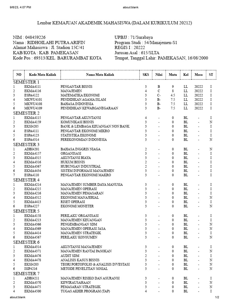 Daftar Nilai UT Semester 1 | PDF
