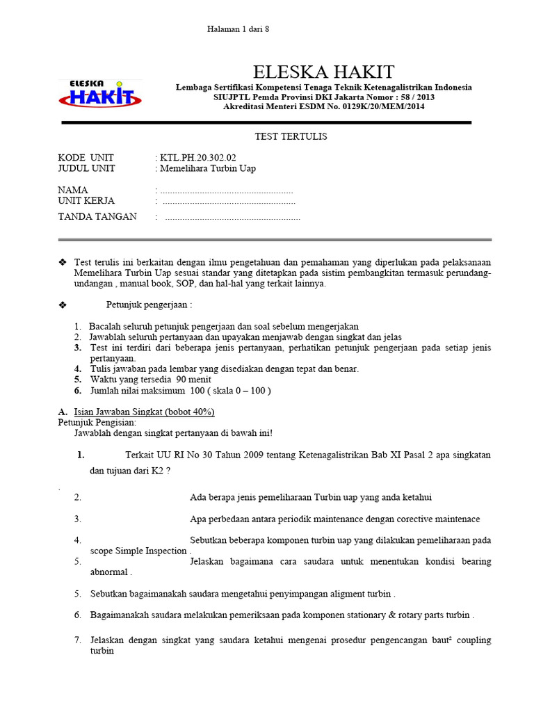 KTL - PH.20.301.02 Memelihara Turbin Uap (2) .R1 | PDF