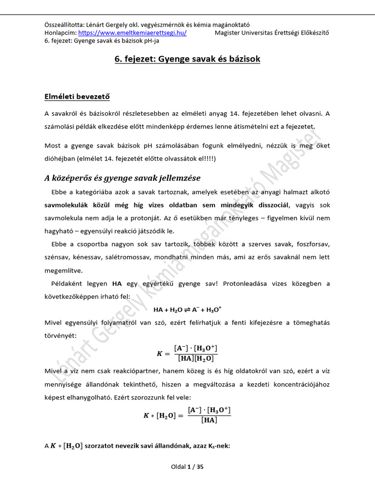 6.-fejezet-Gyenge-savak-és-bázisok-pHja_Lénárt-Gergely | PDF