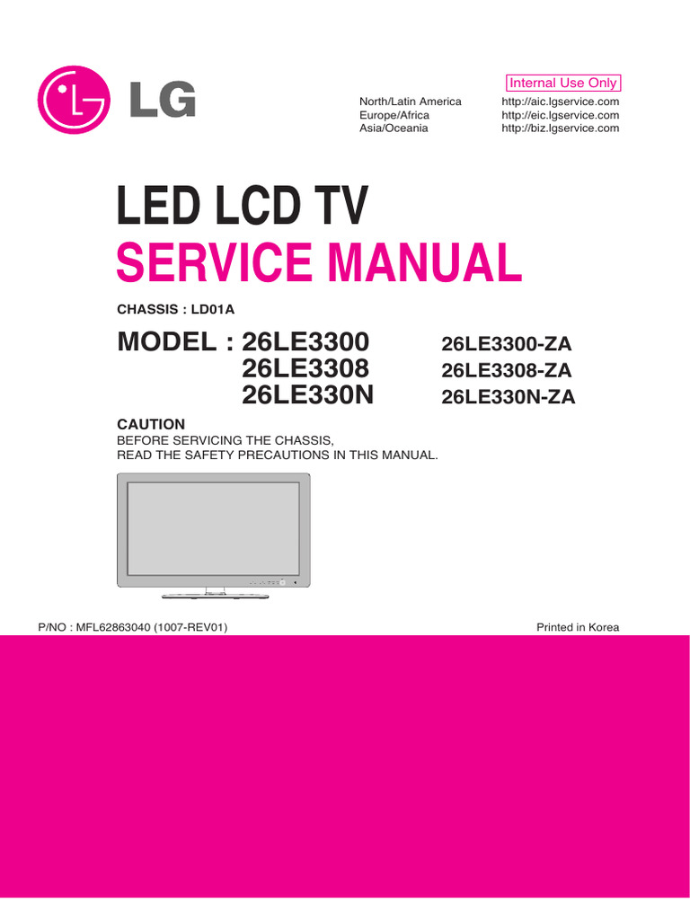 LG 26le3300-Za 36le3308-Za 26le330n-Za Ld01a mfl62863040 1007-Rev01 ...