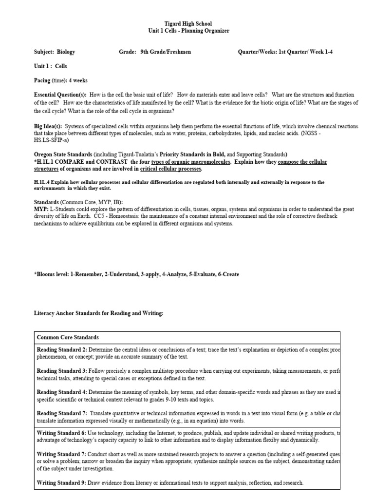 THSBiology Unit 1 Cells Planning Organizer 1 | PDF | Cell (Biology ...