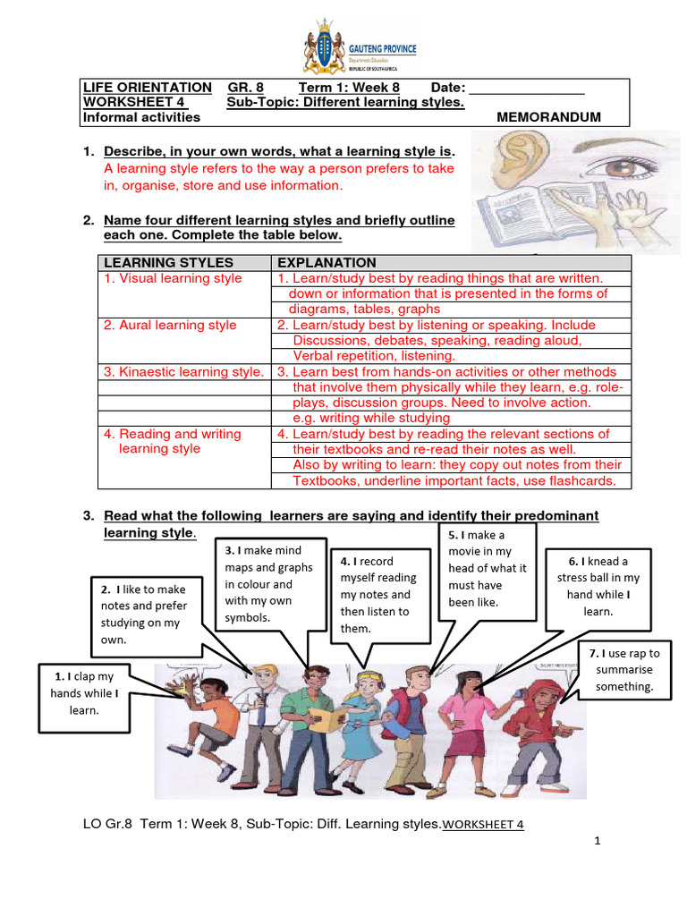 Gr. 8 Term 1, Week 8 Term 1, MEMO Learning Styles | PDF | Learning ...