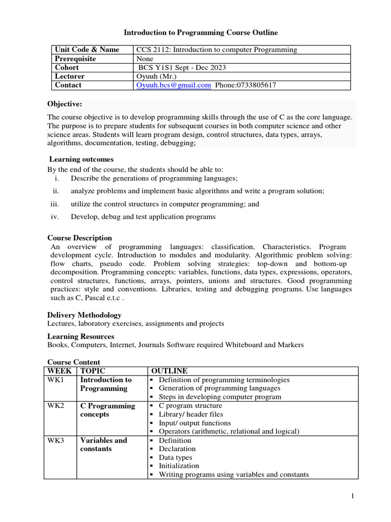 Ccs 2112 Introduction To Computer Programming Outline Bcs Pdf Programming Computer Program 3737