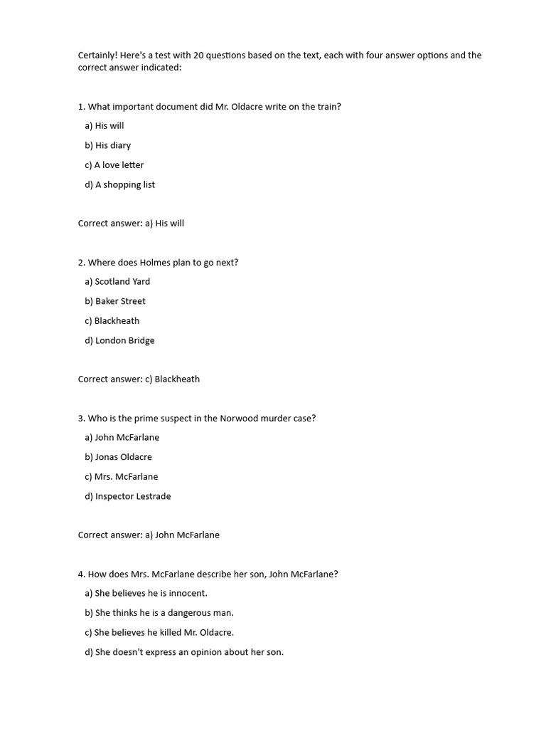 Holmes Norwood Mystery 3 Chapter Test | PDF