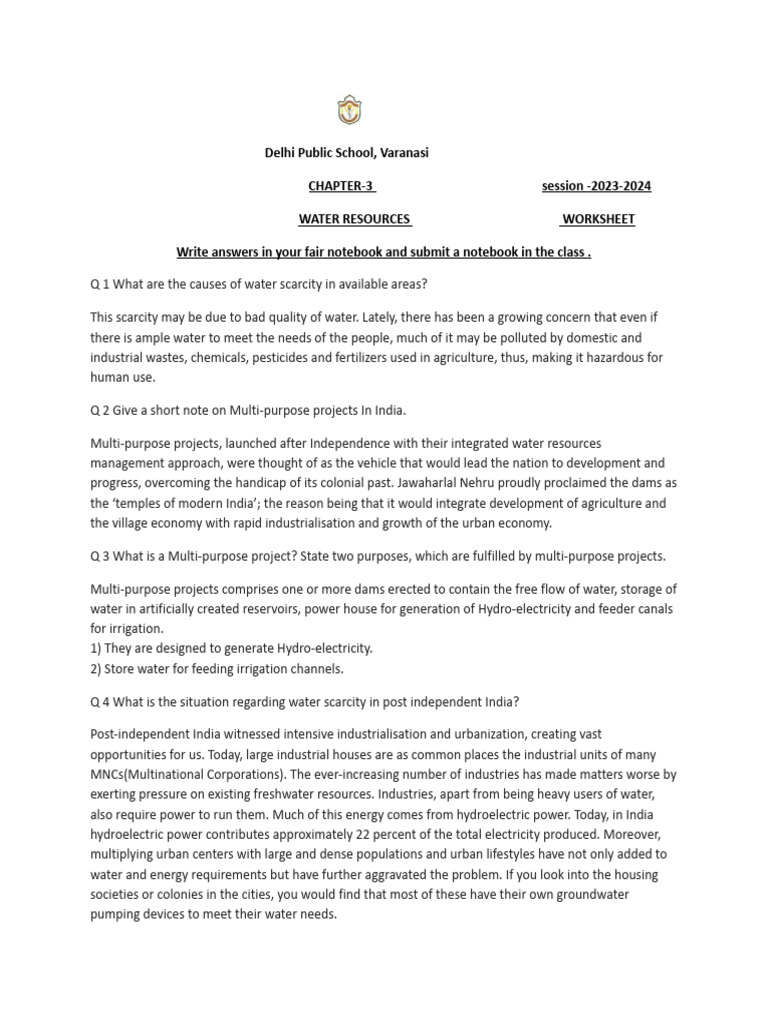 Water Resources Worksheet | PDF | Water | Water Scarcity