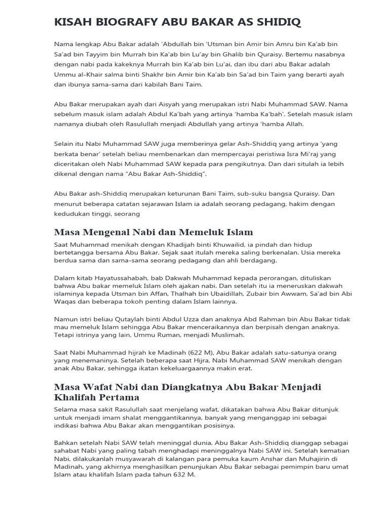 Kisah Biografy Abu Bakar As Shidiq | PDF