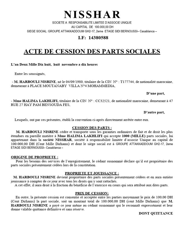 Acte de cession de parts sociales | PDF