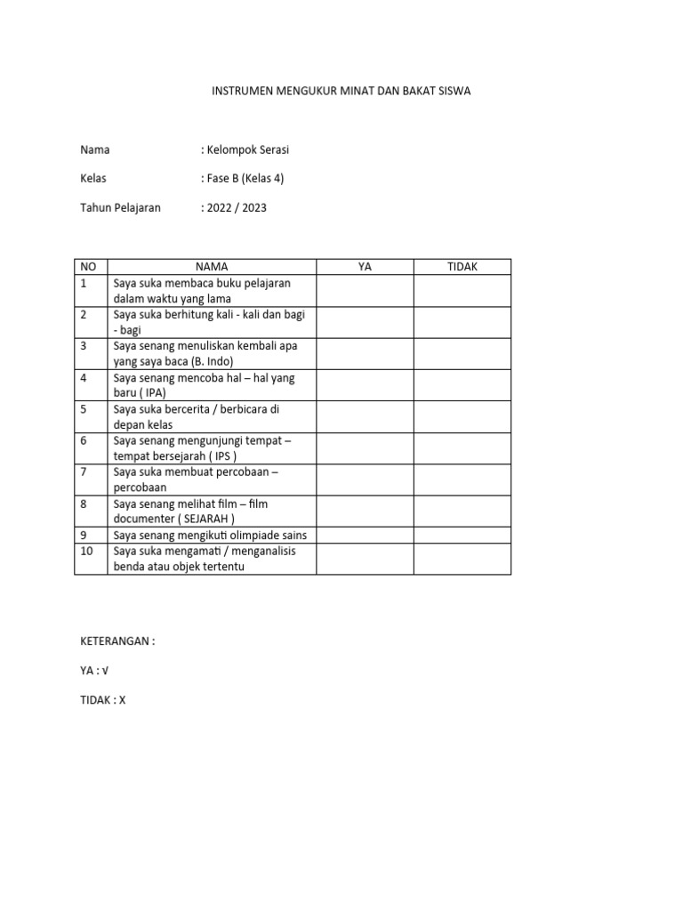 Instrumen Mengukur Minat Dan Bakat Siswa | PDF Instrumen Mengukur Minat Dan Bakat Siswa | PDF