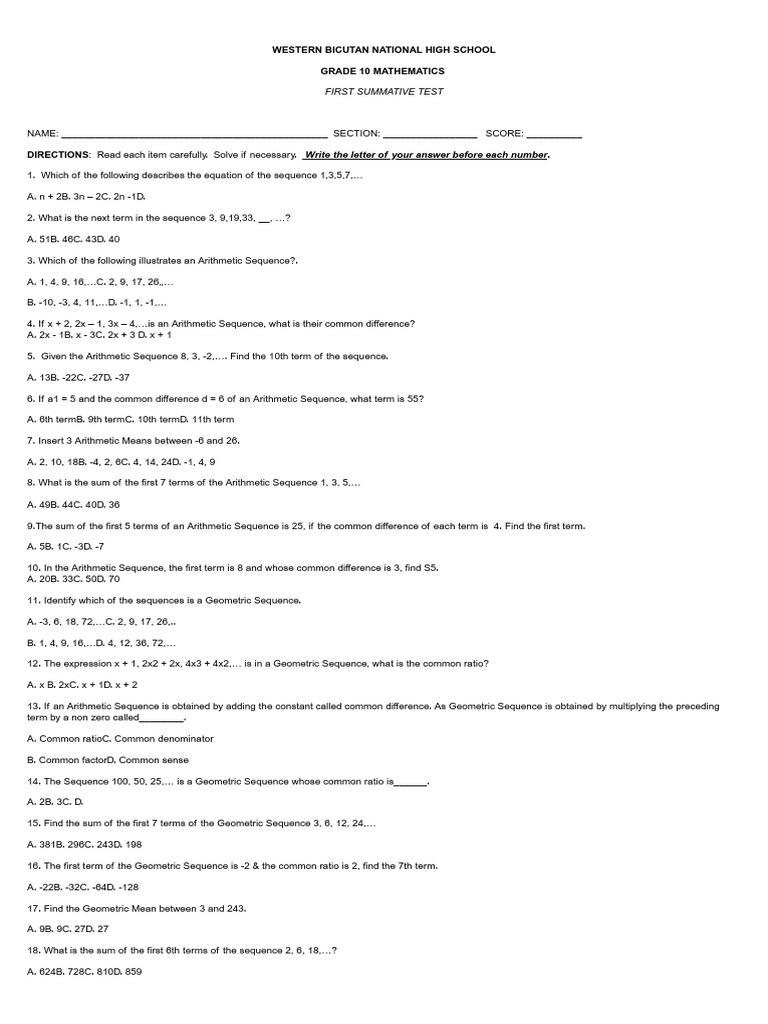 Grade 10 Math Summative Test Guide | PDF